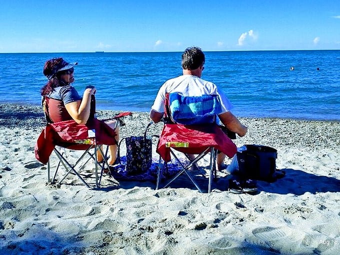 Beach therapy in session—two wise souls who understand that sometimes the best conversation happens in comfortable silence facing the water.