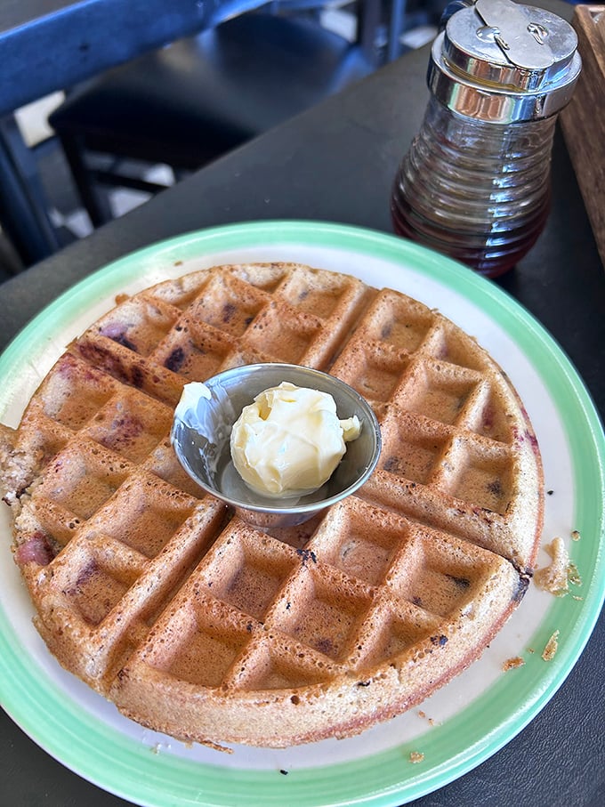 Golden-brown perfection meets weekend indulgence. This waffle doesn't need animal products to achieve breakfast nirvana—just maple syrup and that little pat of plant butter.