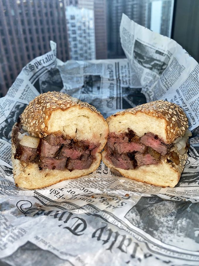 Behold the Wagyu sandwich in all its glory—perfectly pink, beautifully marbled, and nestled in a sesame roll like royalty on a throne.