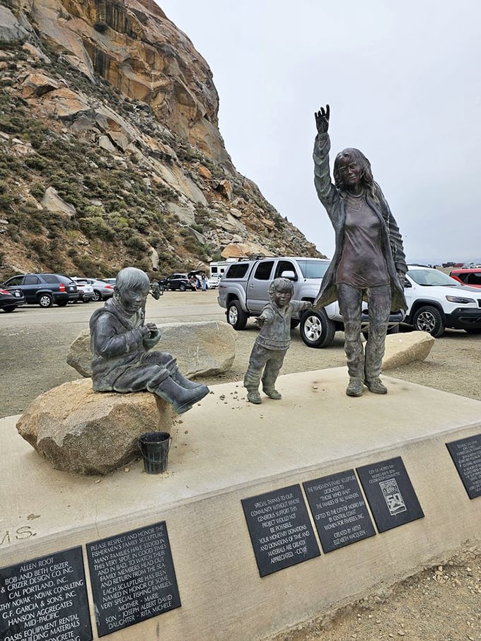 Bronze figures capture a moment of family wonder at the base of Morro Rock. Public art that tells the story of connection between humans and this magnificent natural landmark.
