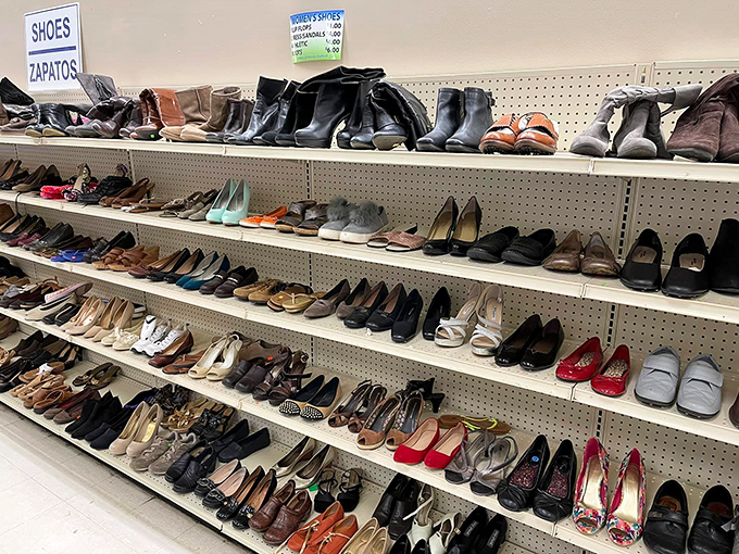 The shoe section offers everything from practical flats to statement heels – each pair with its own mysterious backstory and miraculously intact soles.