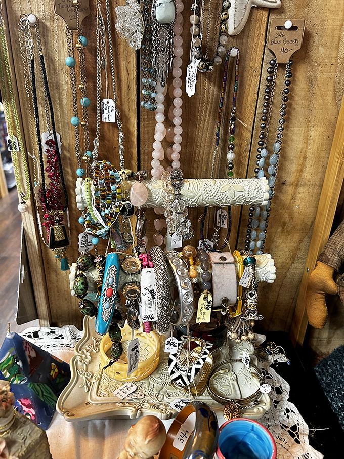 Jewelry heaven! Necklaces and bracelets cascade like waterfalls of history, each piece whispering stories of special occasions past.