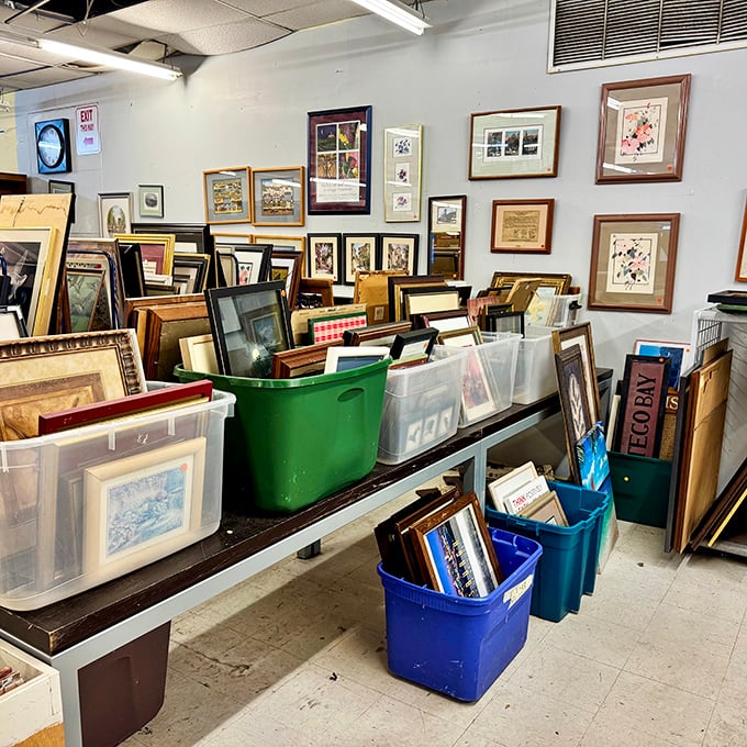 Art gallery prices giving you sticker shock? This thrift shop wall offers framed inspiration for the price of a sandwich—Picasso not included.