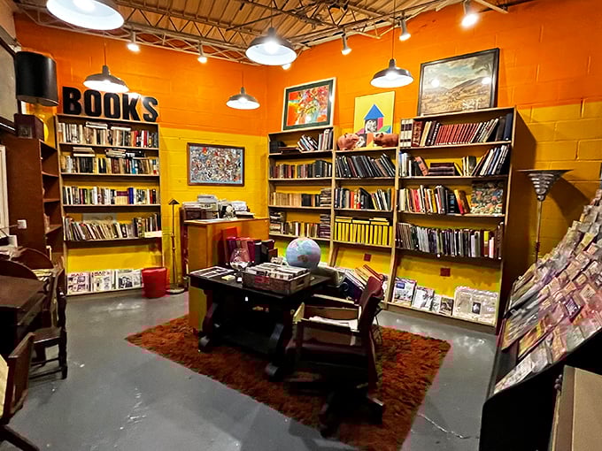 The vibrant yellow book nook feels like stepping into the personal library of a quirky professor who never met a subject they didn't find fascinating.