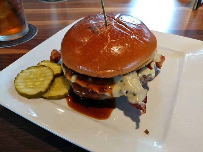 Behold the star attraction—a bourbon-glazed masterpiece that makes other burgers seem like they're not even trying.