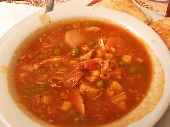 Brunswick stew that makes you question all other stews. Chunks of chicken, vegetables, and a tomato broth that's been simmering since Jefferson was drafting declarations.