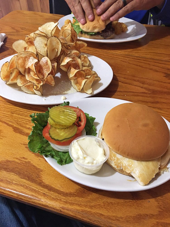 Behold the burger in its natural habitat! Those homemade chips aren't just side characters—they're scene-stealers worthy of their own spinoff show.