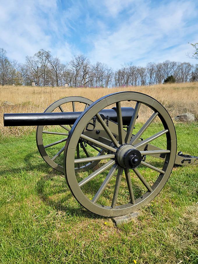 Not just a prop from a historical movie set—this authentic Civil War cannon stands as a somber reminder of the battle that raged across these peaceful fields.