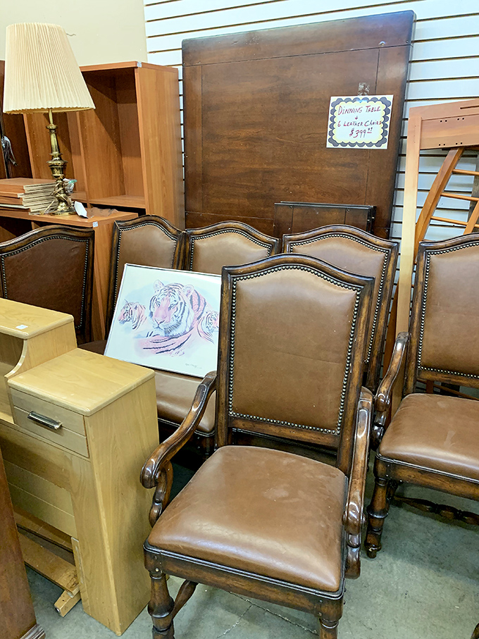 Dining chairs with character and history, patiently waiting for their next dinner party. That tiger painting might be the conversation starter you never knew you needed.