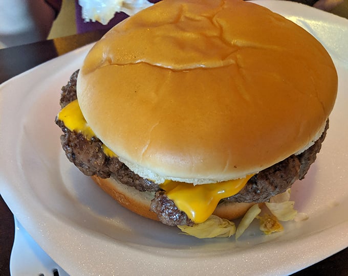 Behold the cheeseburger in its natural habitat—a simple white plate that knows it's merely a stage for the real star of the show.