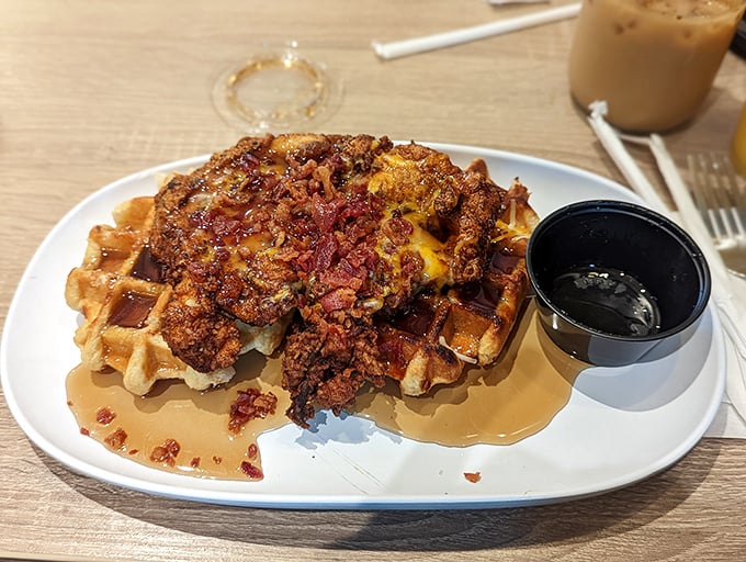 Chicken and waffles that redefine breakfast rebellion—crispy, savory, sweet, and maple-drenched in perfect harmony.