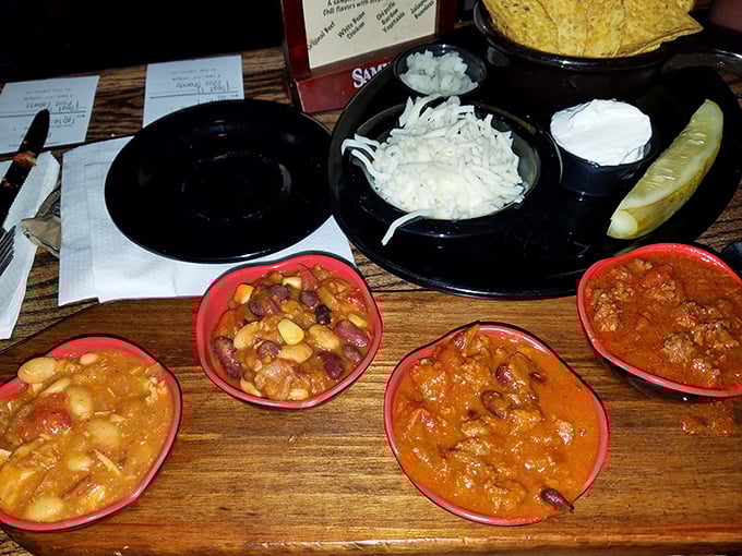 Whitey's chili flight lets you sample their simmering masterpieces side by side—a taste test where everyone wins, especially your stomach.