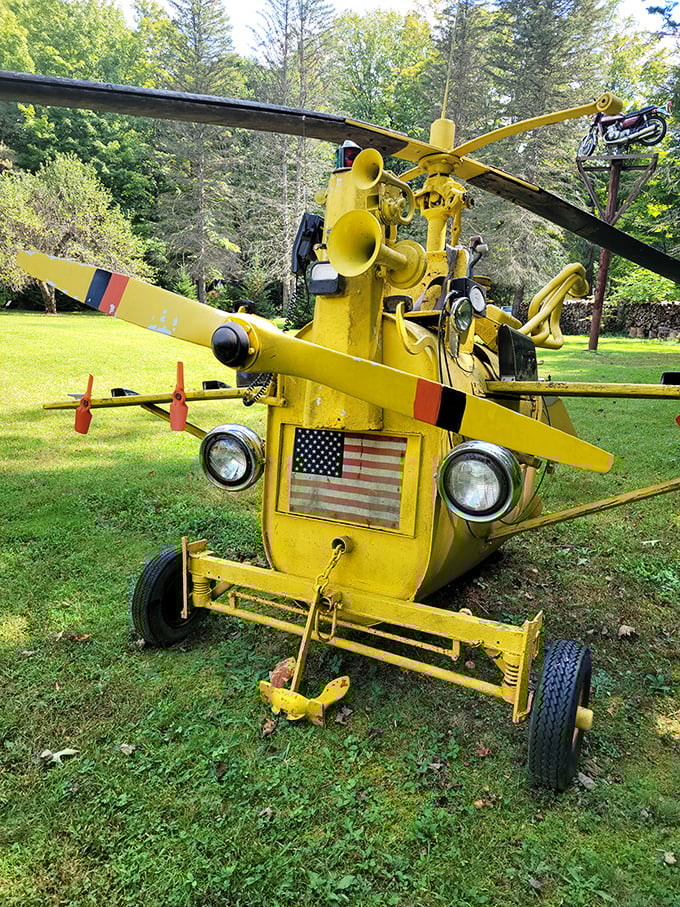 The yellow helicopter doesn't just catch your eye—it demands your full attention. Like Big Bird joined the military and never looked back.