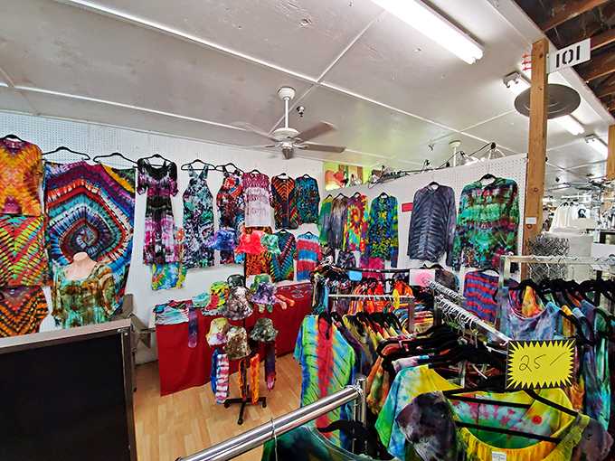 Tie-dye paradise! The '60s never left Florida—they just moved to this corner of the Red Barn and brought their grooviest threads.