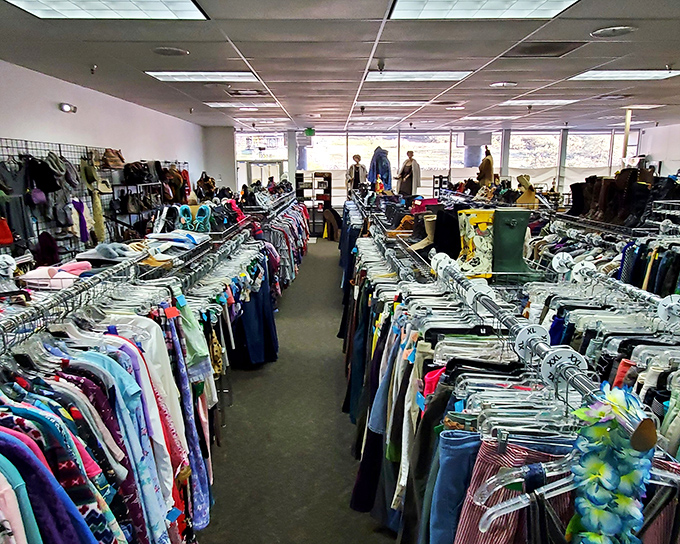 Racks upon racks of carefully organized clothing. The thrill of the hunt meets the joy of organization in this fashion wonderland.