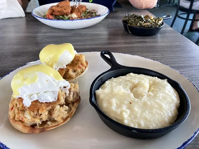 Behold the star attraction: crab cakes that are actually crab (imagine that!) served with creamy grits that would make any Southern grandmother nod in approval.