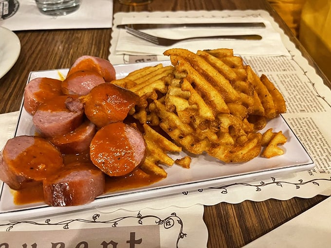 Currywurst and waffle fries—where German street food meets American comfort in a marriage so perfect it deserves its own reality show.