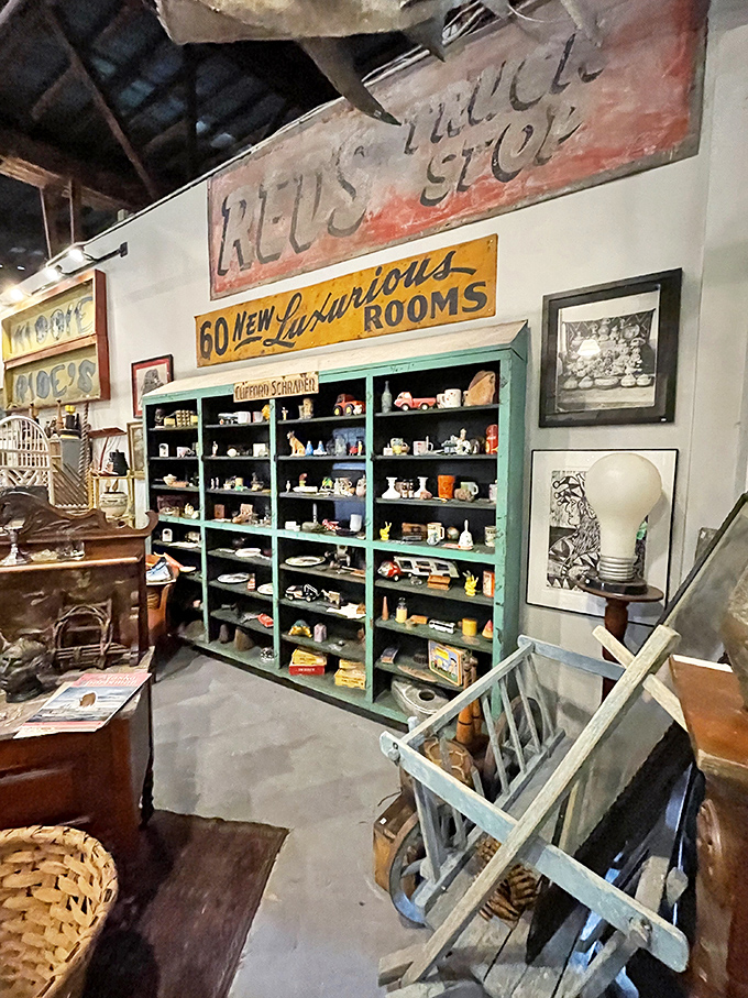Vintage signs and shelves bursting with curiosities – like a museum where everything has a price tag and a story.