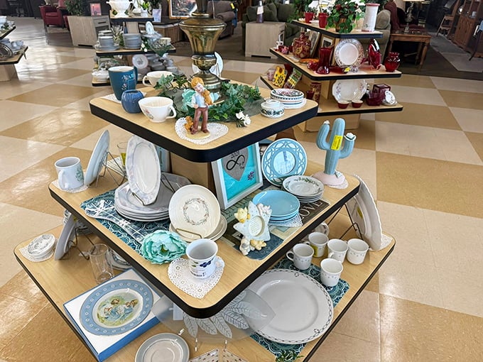 Dishware displays that would make your grandmother swoon. Blue and white patterns mingle with vintage treasures in this ceramic conversation starter collection.
