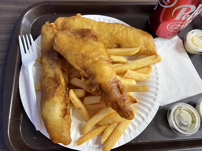 Golden-battered fish fillets lounging on a bed of crispy fries. This isn't just food; it's edible sunshine on a paper plate.