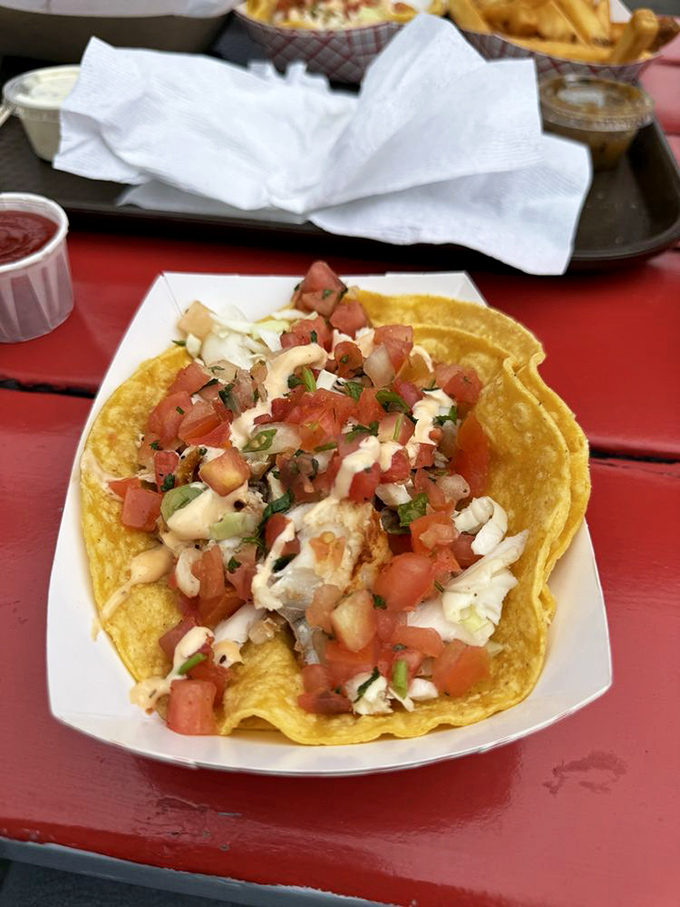 The legendary fish taco in its natural habitat—corn tortillas cradling perfectly cooked fish beneath fresh pico de gallo and that magical drizzle of sauce.