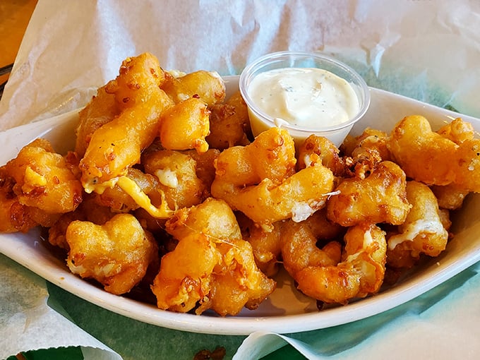 Golden-battered cheese curds that crunch like autumn leaves before revealing their molten, stretchy souls. Worth every calorie. 
