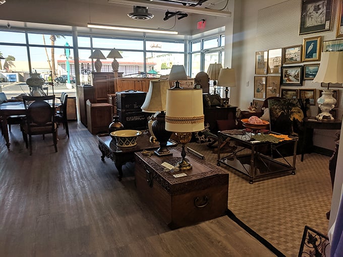 Mid-century meets Victorian in this furniture corner where pieces that would cost a fortune elsewhere wait for their forever homes.