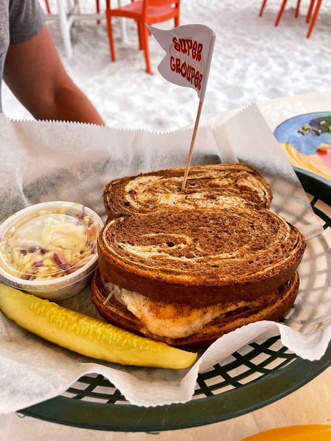 The holy grail of Florida sandwiches! This Super Grouper comes complete with its own victory flag, a pickle sidekick, and coleslaw that's not just an afterthought.