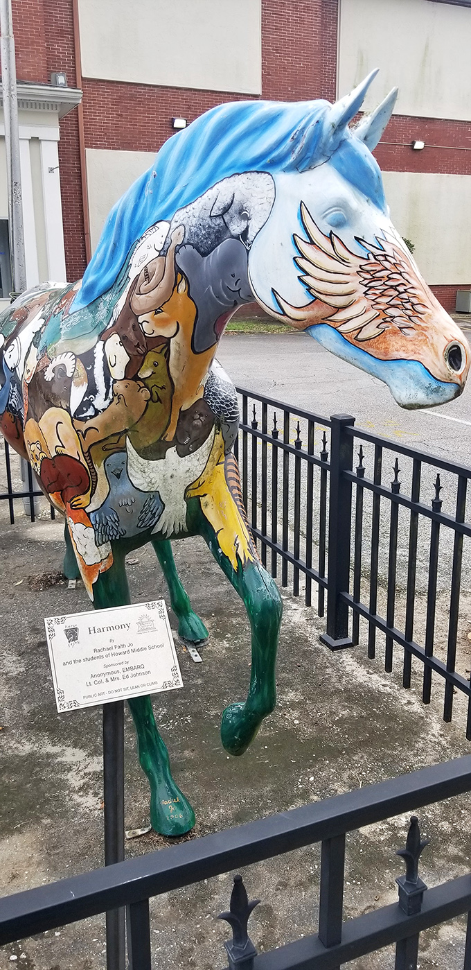 This whimsical painted horse statue tells Ocala's equestrian story with more personality than most humans I've met at cocktail parties.