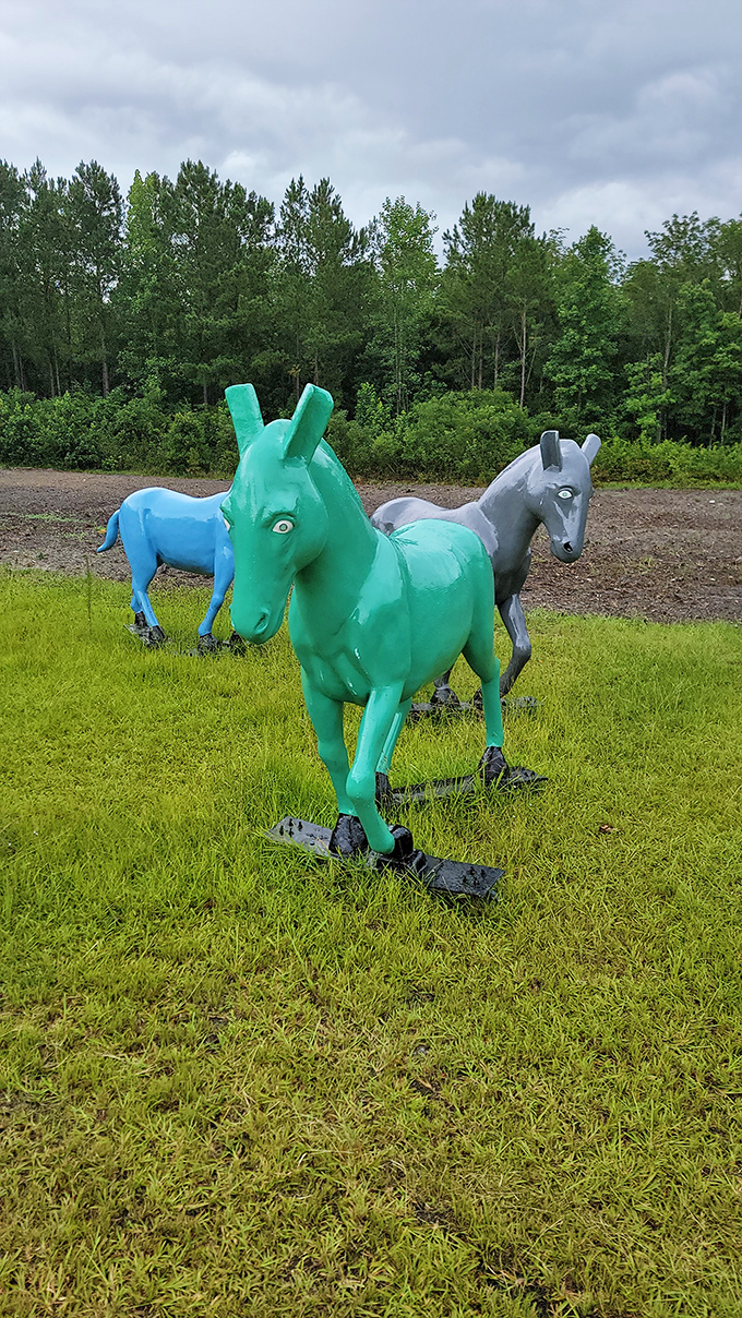 The technicolor equine squad – where else can you find a mint-green horse hanging out with its blue and gray companions? Mr. Ed would be jealous.