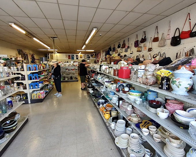 The housewares section is a porcelain paradise where mismatched dishes somehow look more charming than their uniform counterparts.