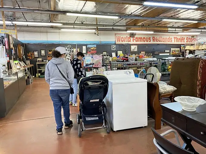 "World Famous Redlands Thrift Store" isn't just a sign—it's a promise. The expansive interior houses everything from appliances to vintage furniture.