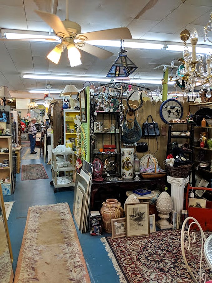 Organized chaos at its finest—where chandeliers illuminate pathways through decades of memories. The blue floor guides treasure hunters like a river.