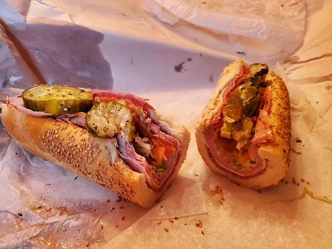 Behold the Italian hoagie in its natural habitat—perfectly layered, expertly constructed, and practically singing opera with every bite.