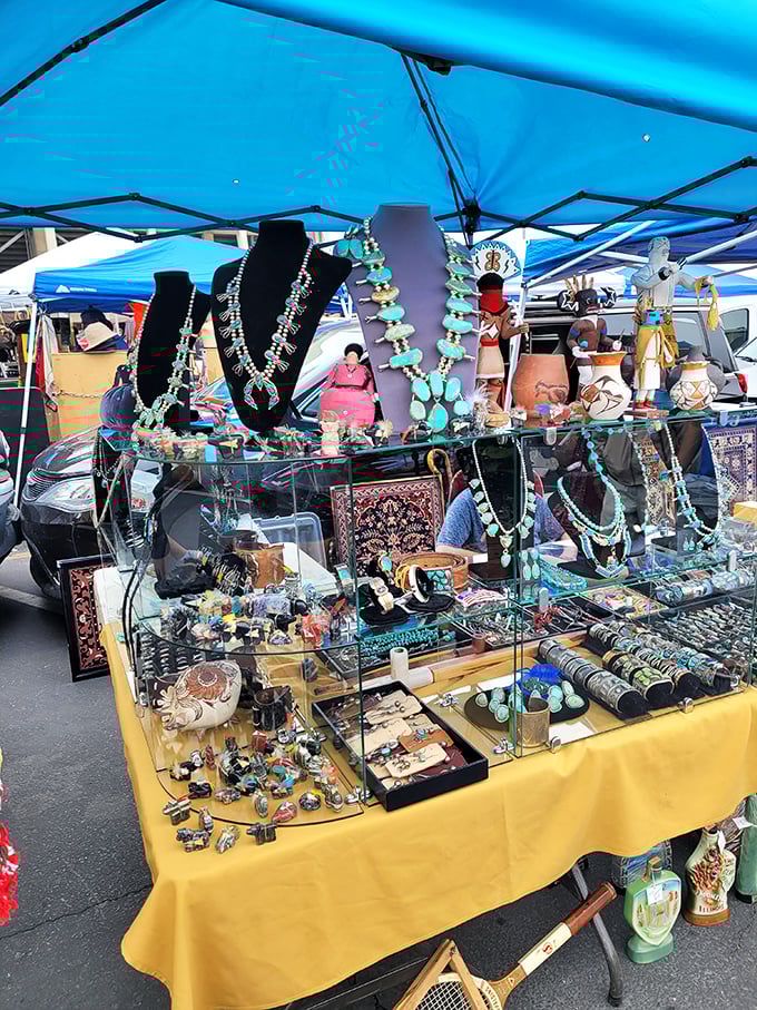 Turquoise jewelry and Native American treasures create a dazzling display that catches sunlight like precious memories. 
