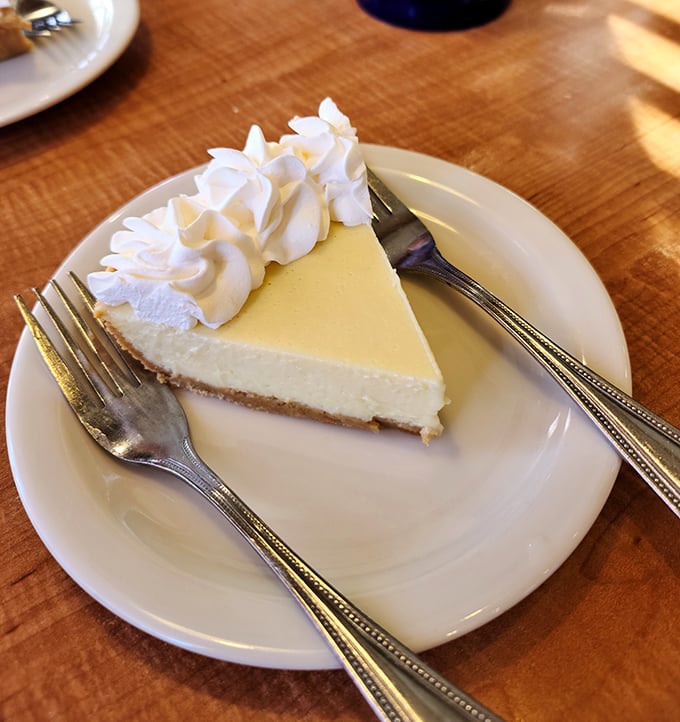 Key lime pie so perfectly yellow it could stop traffic. That dollop of whipped cream isn't garnish – it's the cloud you'll float on after tasting.