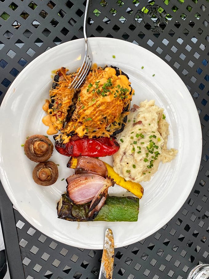 This isn't just dinner—it's an edible landscape where grilled vegetables, mushrooms, and cheesy goodness come together in perfect harmony.