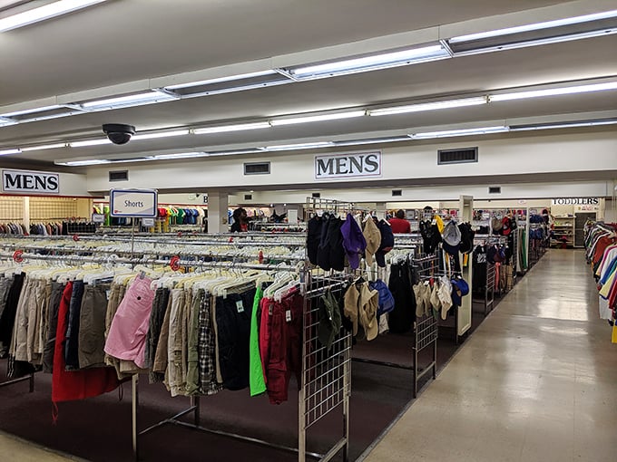 Men's clothing organized by type and size? This isn't your uncle's chaotic garage sale—it's thrift shopping elevated to an art form.