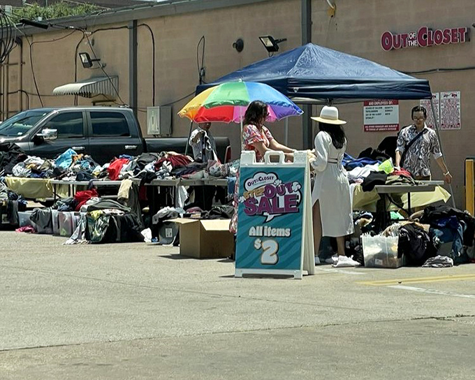Outdoor sidewalk sales bring the bargains into the sunshine. Under rainbow umbrellas, everything old becomes new again for savvy Dallas shoppers.