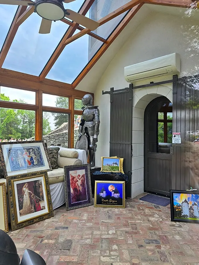 Step into a sunlit sanctuary where medieval meets modern. This bright solarium features castle-appropriate décor, including a standing knight who never complains about the Tennessee heat.