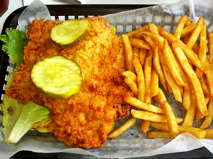Behold Indiana's edible state flag—a perfectly golden pork tenderloin that laughs at the concept of "fitting on a plate" while maintaining its crispy dignity.