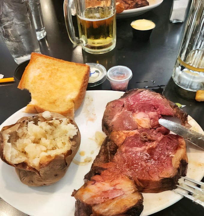 Behold the star of the show: prime rib so perfectly pink it should have its own Instagram account.