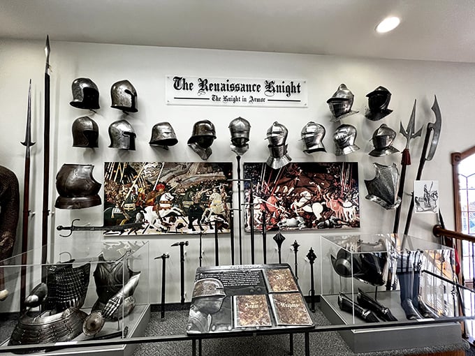 The Renaissance Knight display shows the evolution of helmets – from "might get bonked on the head" protection to "I'm fancy even in battle" headgear.