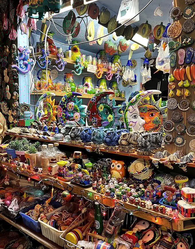 Ceramic suns, colorful masks, and tiny figurines—this stall is where souvenir dreams and dust-collecting nightmares are born in equal measure.