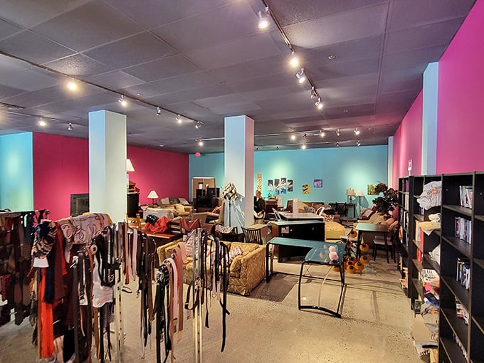 The color scheme continues inside with those signature pink and turquoise walls creating a shopping environment that feels more boutique than bargain bin.