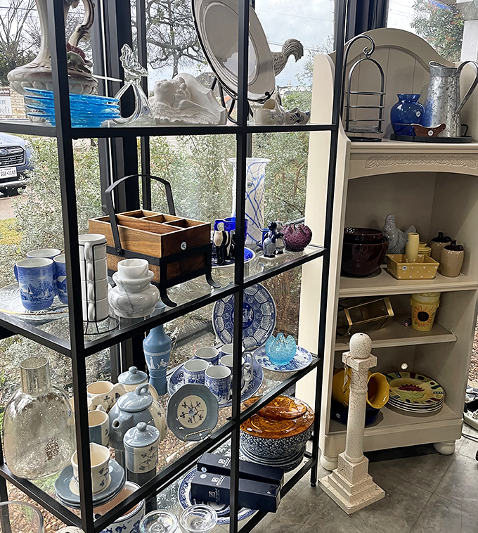Blue and white pottery heaven! This display could make Marie Kondo weep with joy—everything sparks joy and has its perfect place.