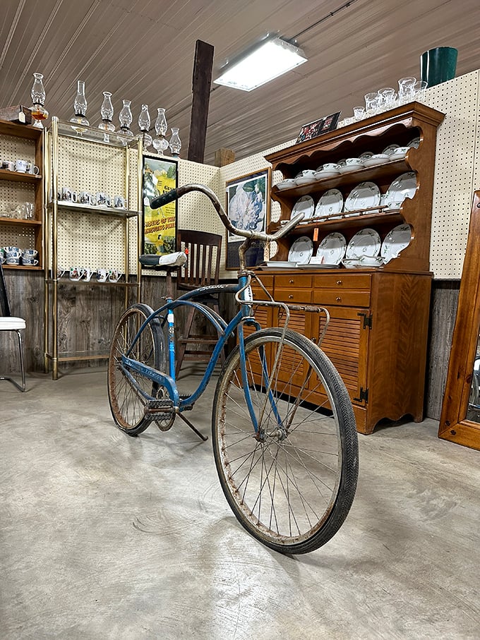 This classic blue cruiser isn't just transportation—it's a time machine on wheels, parked beside china that's witnessed countless Sunday dinners.