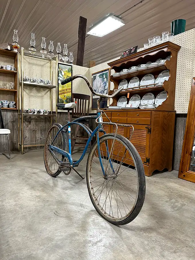 This classic blue cruiser isn't just transportation—it's a time machine on wheels, parked beside china that's witnessed countless Sunday dinners.