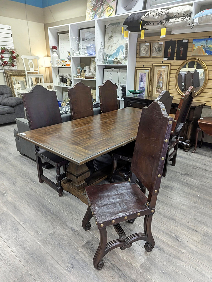Medieval meets modern in this statement dining set. Knights of the Round Table, but make it Columbus chic—perfect for dramatic dinner parties.