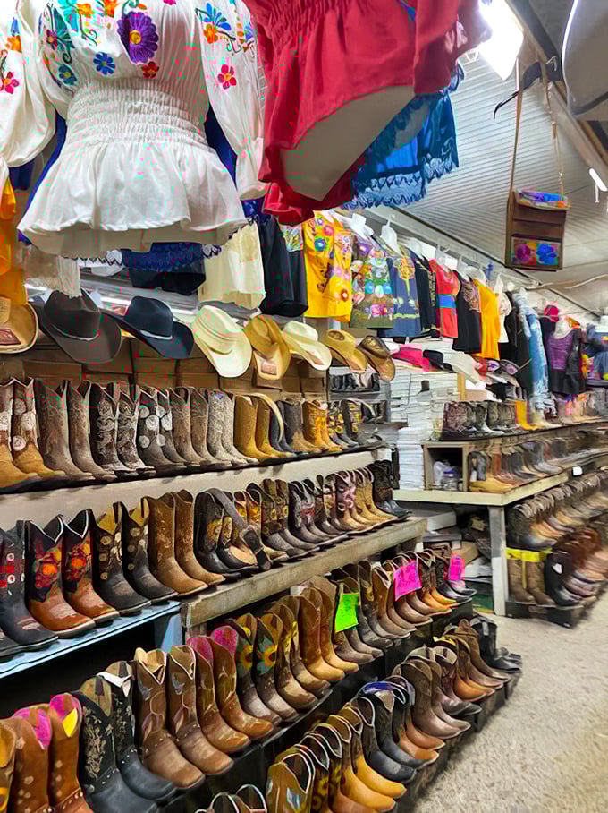 Colorful Mexican dresses and cowboy boots line the stalls at 77 Flea Market. A fashion show where the runway is dirt!